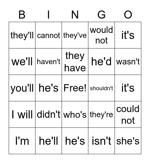 Contractions Bingo Card