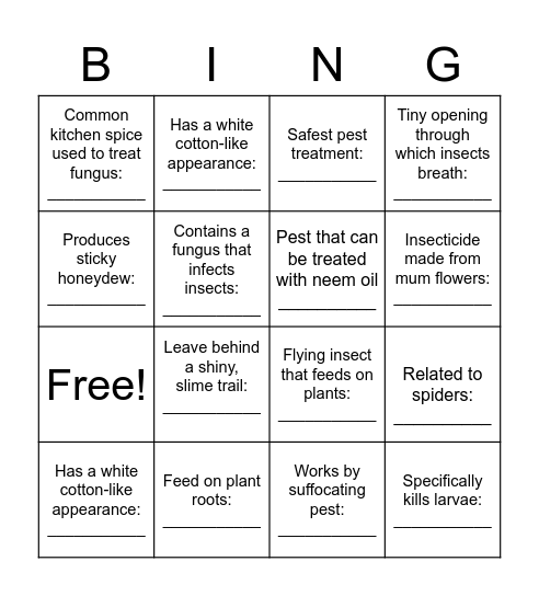 Plant Pest Bingo Card