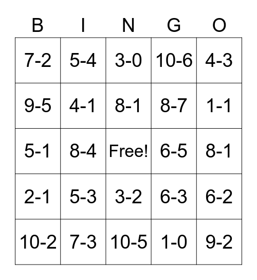 Subtraction Bingo Card