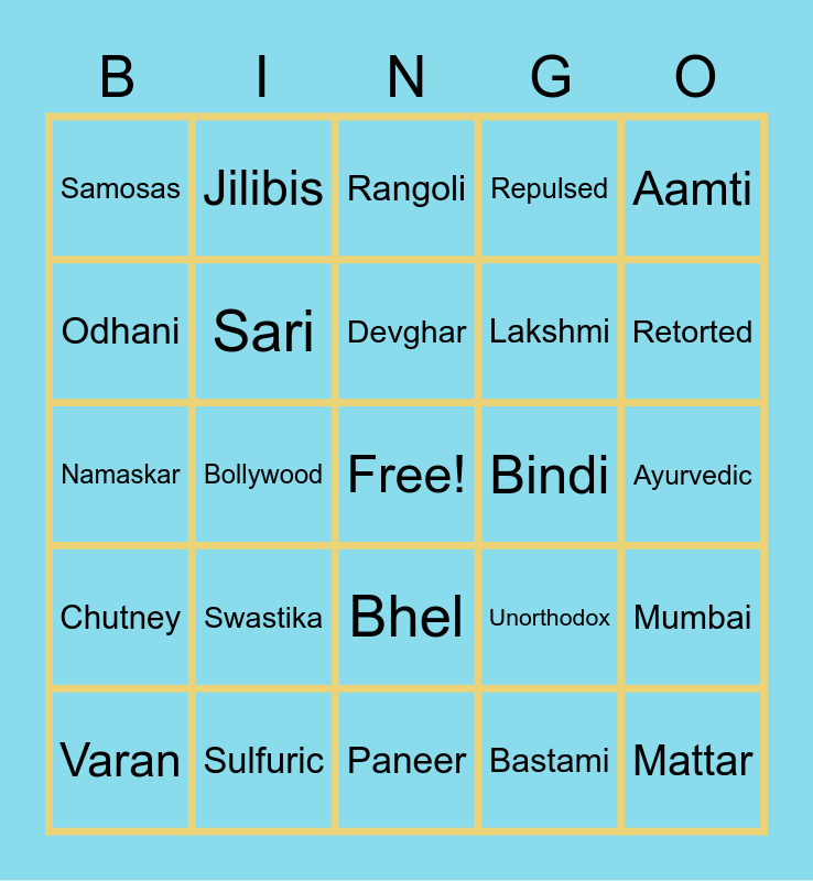 American as Paneer Pie Bingo Board Bingo Card