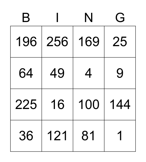Squares 1-16 Bingo Card