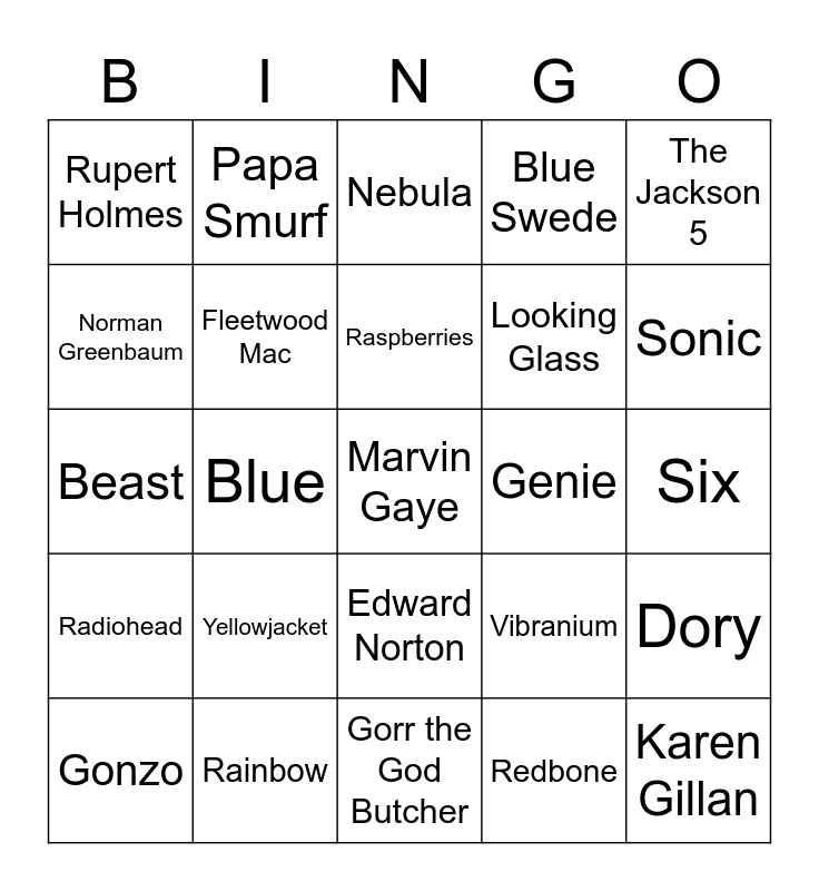 Guardians of the Galaxy, Marvel, & Blue Bingo Card