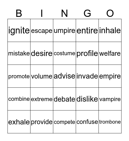 2 Syllable Silent E Words Bingo Card 2 Syllable Silent E Words Bingo Card