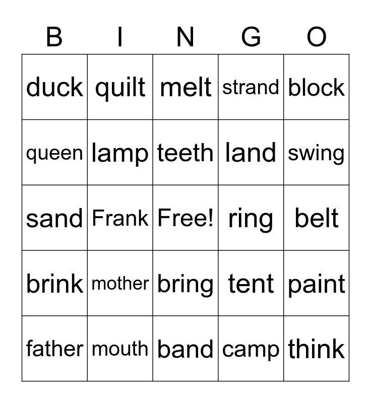 Unit 9 Bingo (ng, nk, nd, lt, mp, th, ck, qu) Bingo Card