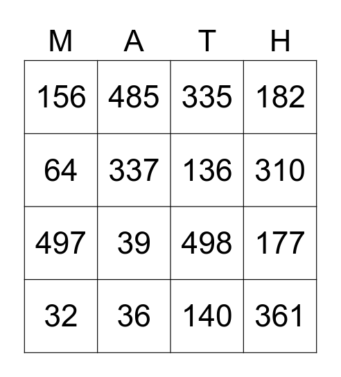 Subtraction! Bingo Card
