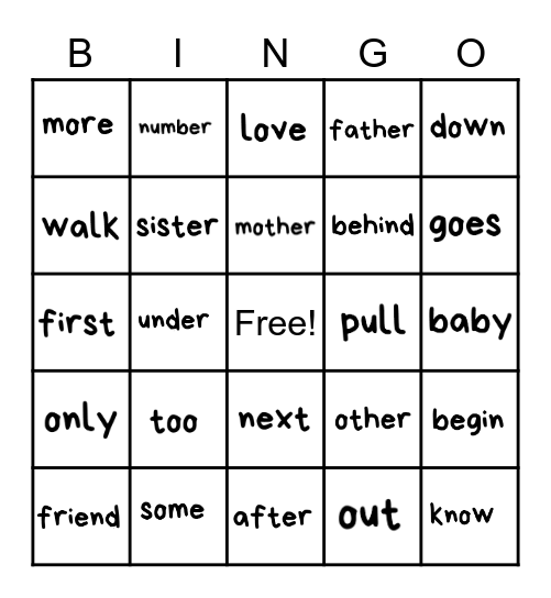 Sight Word Review Bingo Card