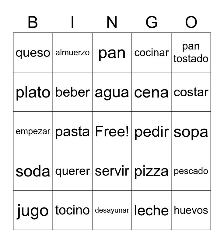El desayuno, el almuerzo, y la cena Bingo Card