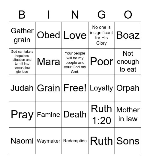 Naomi & Ruth Bingo Game Bingo Card