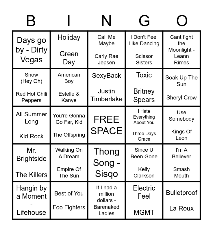2000's MUSIC Bingo Card