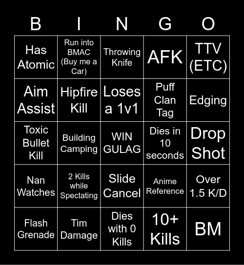 Warzone Bingo Card