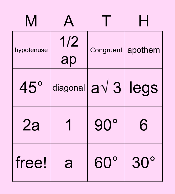 Special Right Triangles Bingo Card