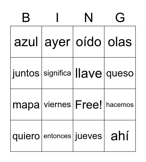 Palabras frecuentes Bingo Card