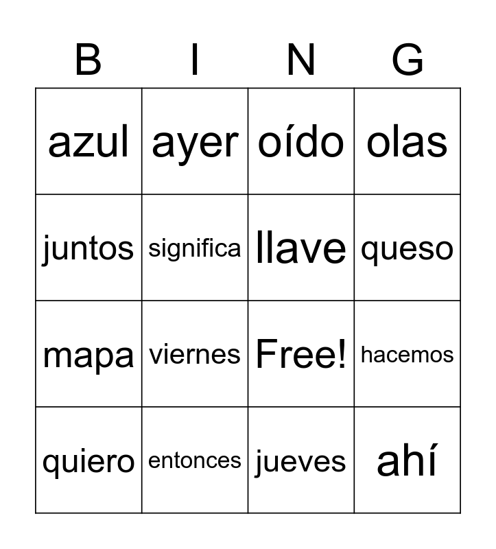 Palabras frecuentes Bingo Card