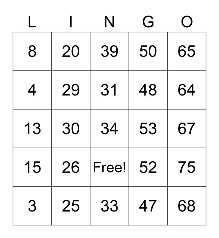 LINGO CARDS Bingo Card