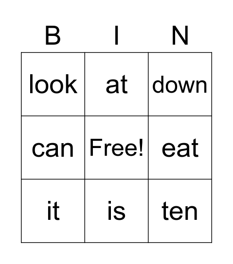 Kindergarten Sight Words Bingo Card