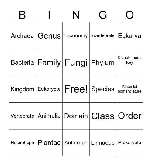 Classification Test Review Bingo Card
