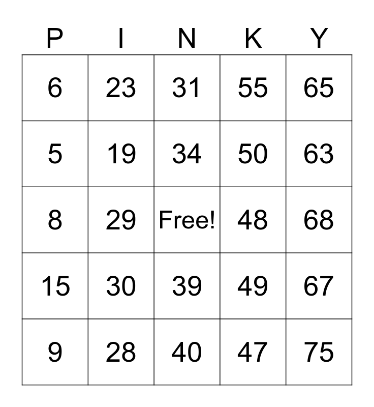 Number Bingo 1-75 Bingo Card