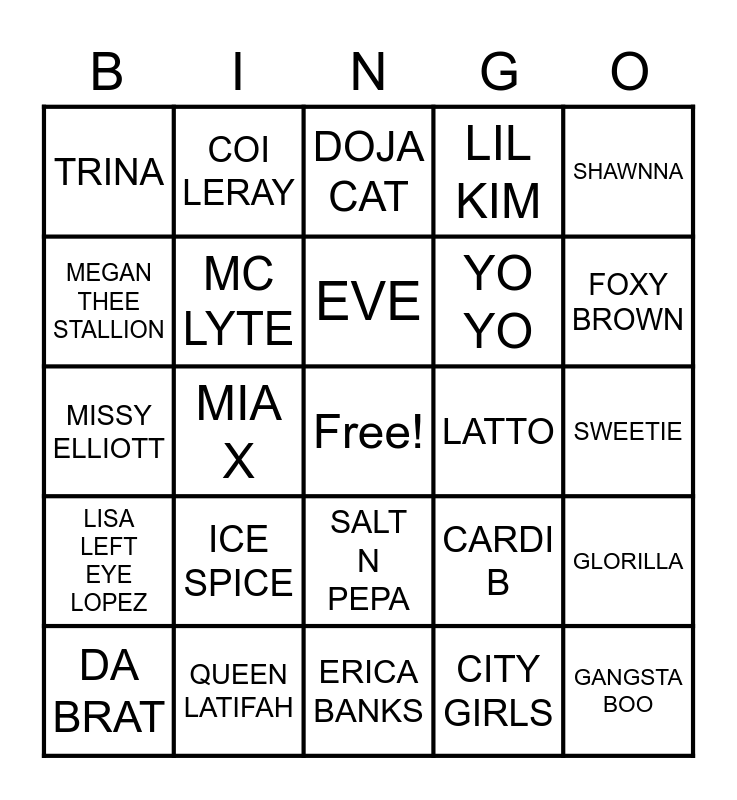"FEMALE RAPPERS" Bingo Card