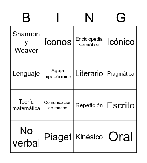 Lenguaje Bingo Card