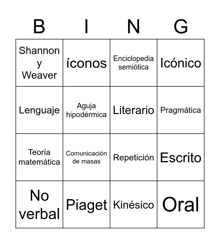 Lenguaje Bingo Card