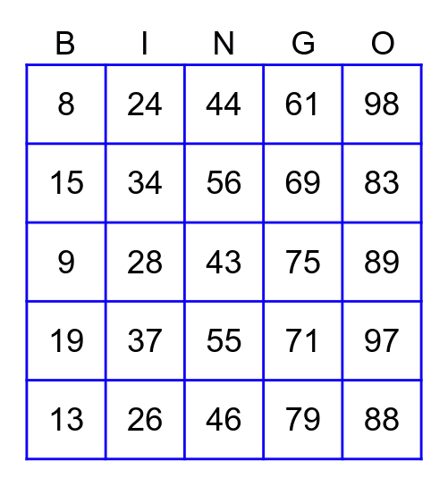 100 number bingo Card