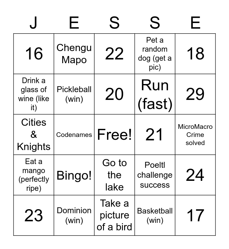 Jesse turns 30! Bingo Card