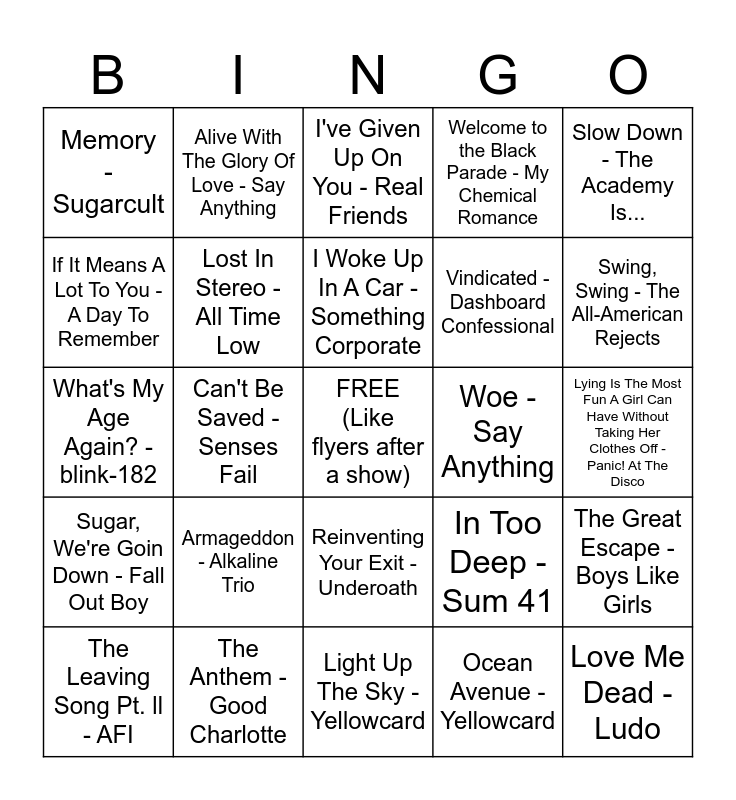 Emo Bingo Round 2 Bingo Card