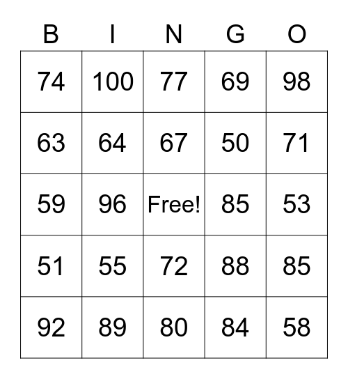 Numbers Bingo (50 - 100) Bingo Card
