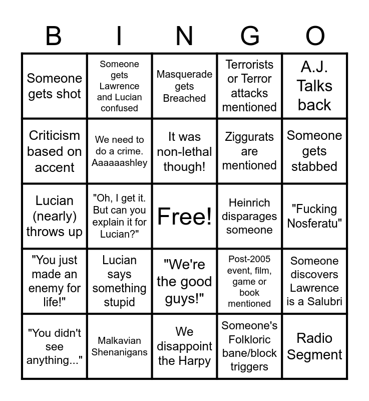 VTM Bingo Card