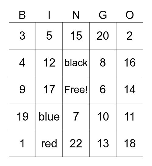 Numbers Bingo Card