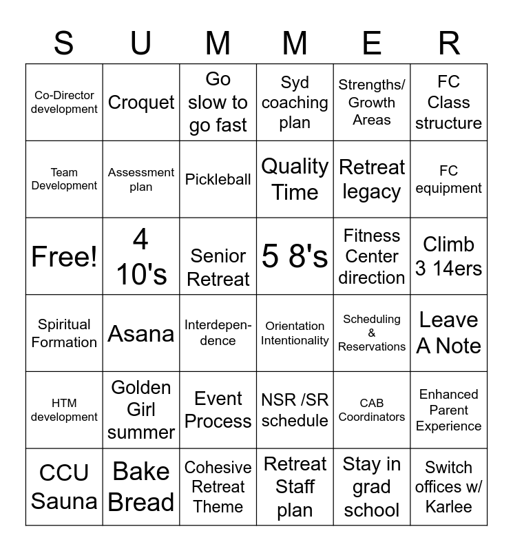 Anna's Summa Time Bingo Card