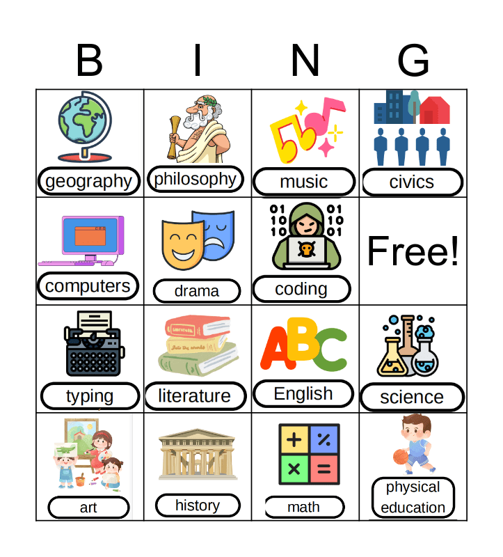School Subjects Bingo Card
