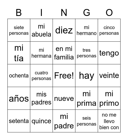 Mi familia Bingo Card