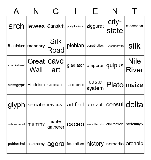 Ancient Civilization Vocabulary 2023 Bingo Card