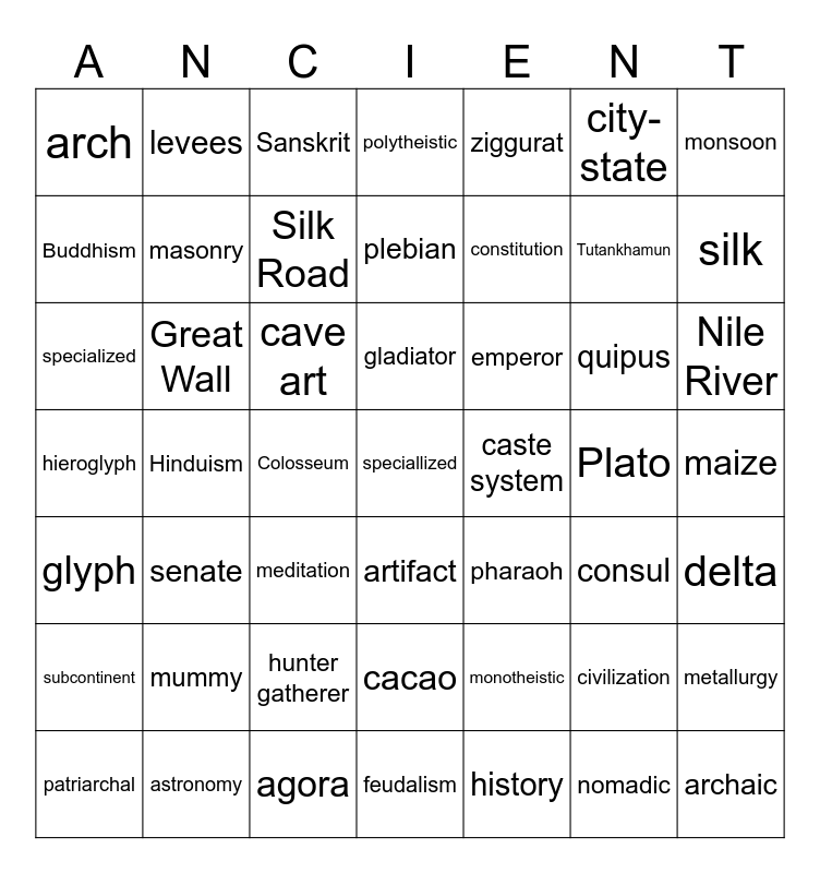 Ancient Civilization Vocabulary 2023 Bingo Card