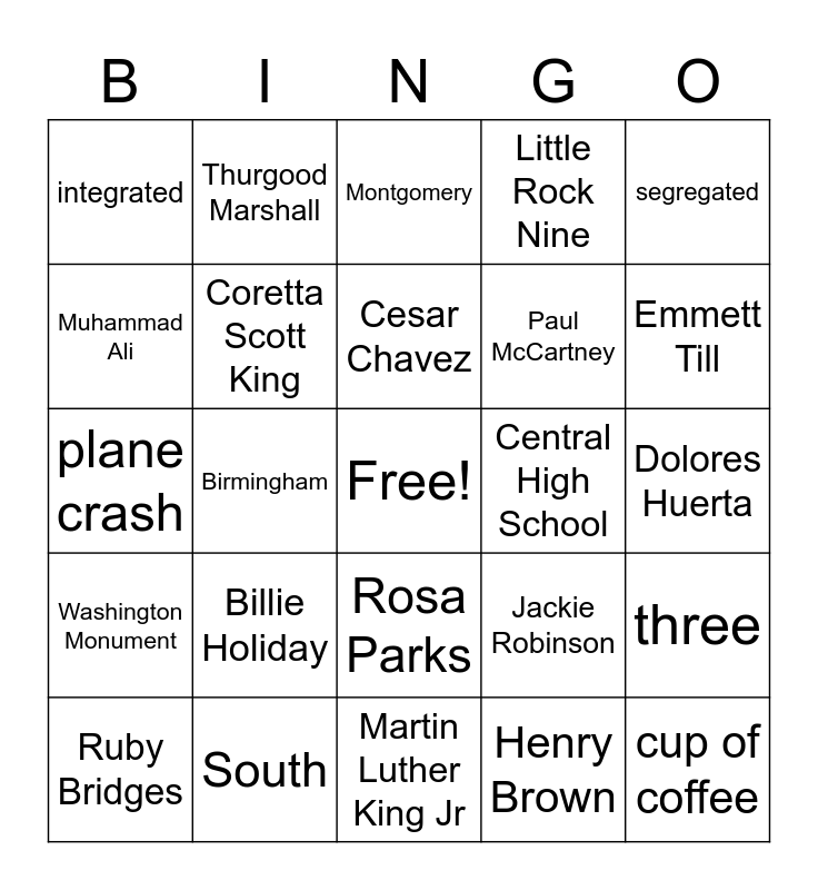 Civil Rights Bingo Card