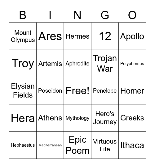 Greek Mythology Bingo Card