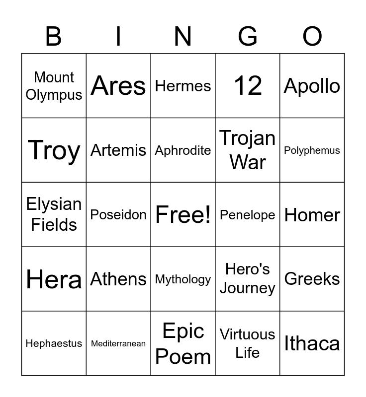 Greek Mythology Bingo Card