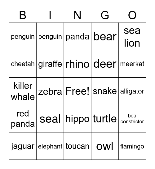 Zoo Bingo Card