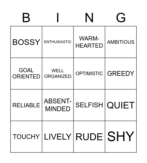 ADJECTIVES OF CHARACTER Bingo Card