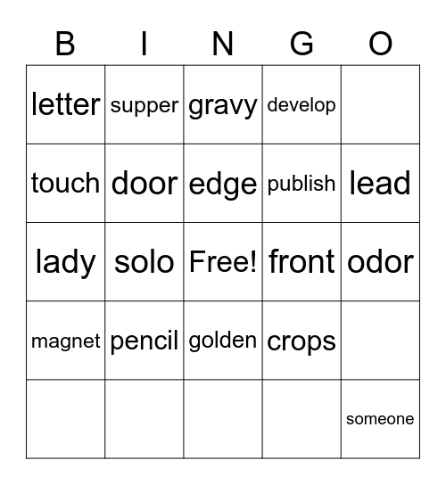 Open Closed Syllable Bingo Card