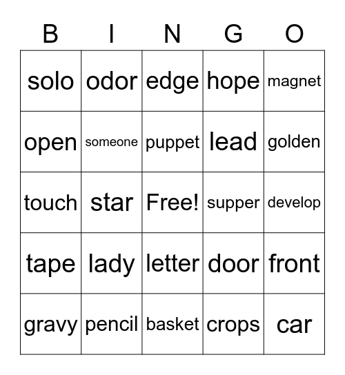 Open and closed Syllable Bingo Card