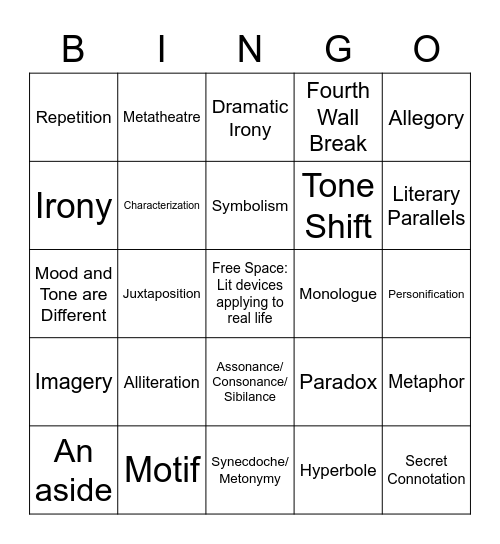 Literary Features Bingo Card