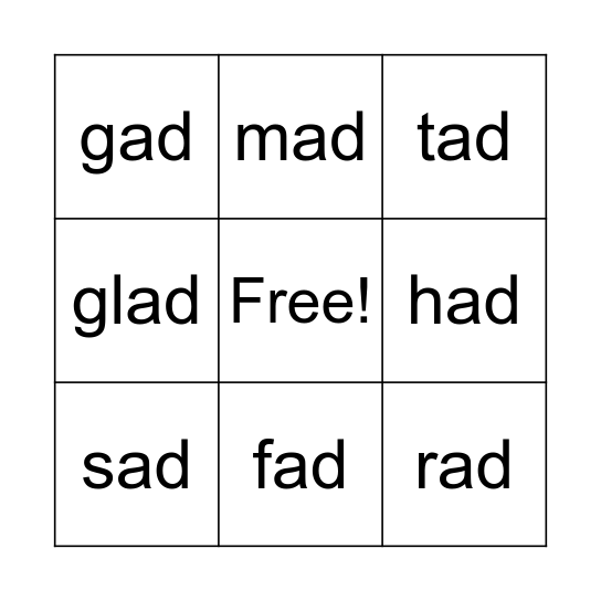 -ad Word Family Bingo Card