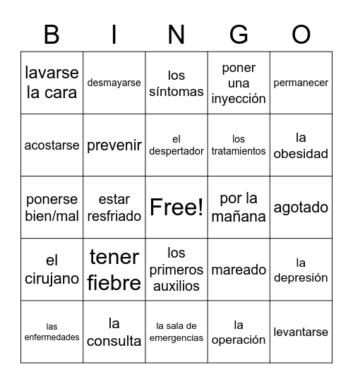 La Salud y Las Rutinas Bingo Card