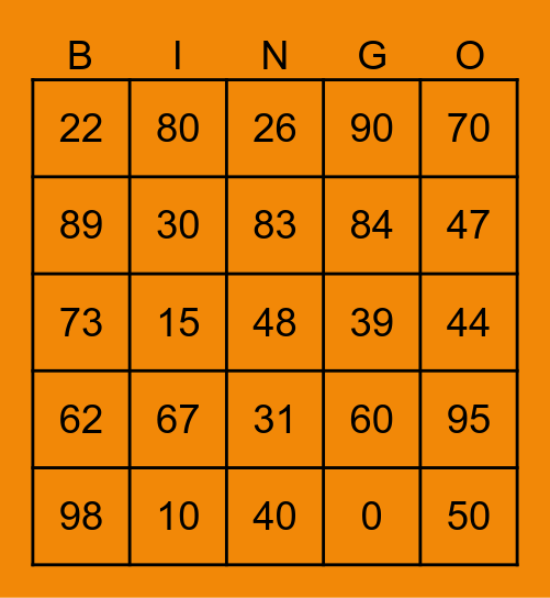 Les nombres de 0 à 100 Bingo Card