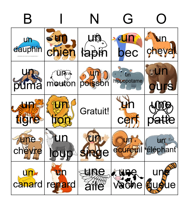 Les animeaux Bingo Card