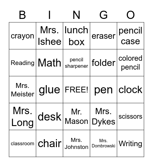 school Bingo Card
