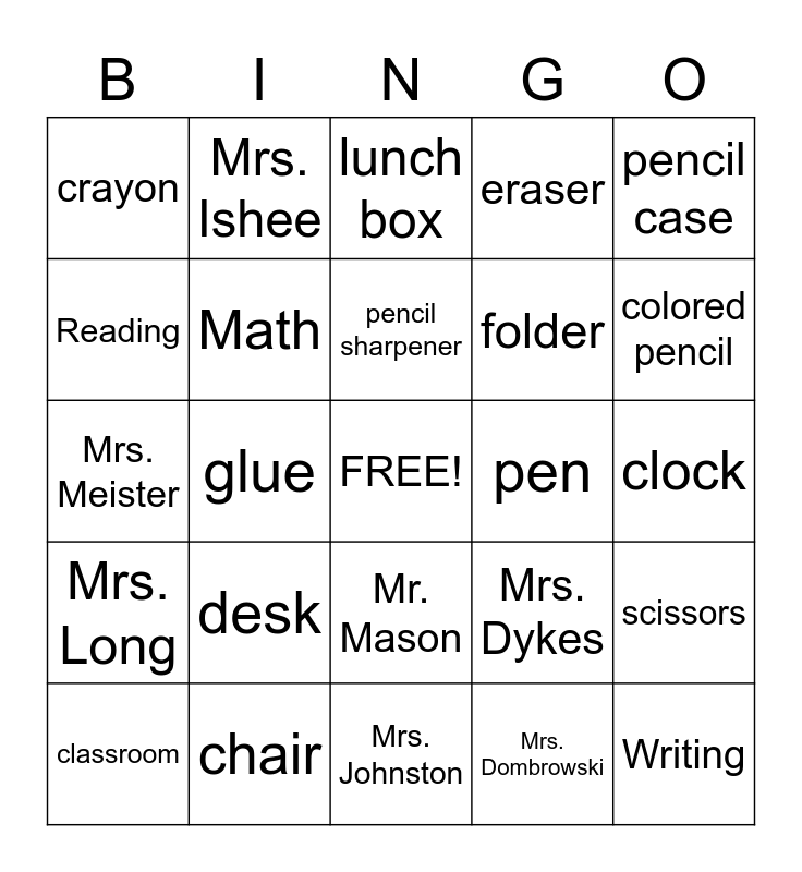school Bingo Card