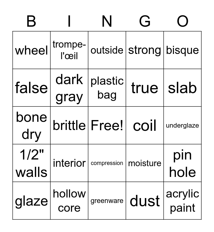 Ceramics Bingo Card